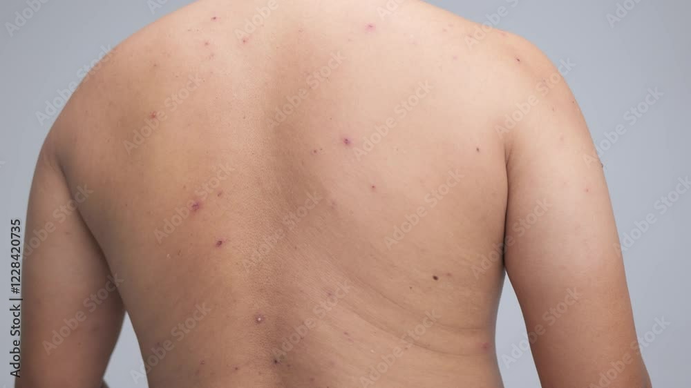 Male torso with visible chickenpox marks, rashes, and signs of skin ...