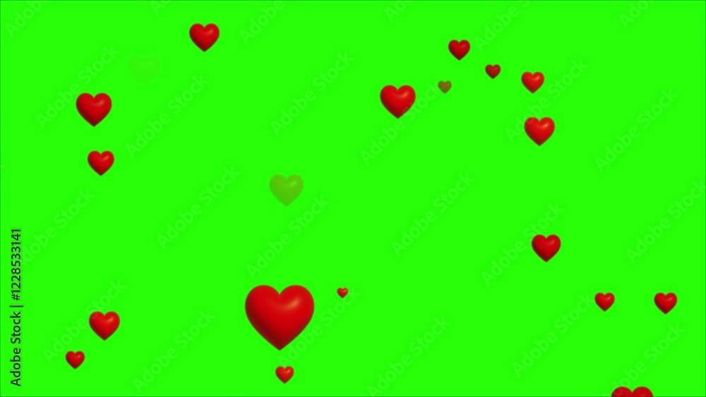 red hearts looped animation on green screen background. cartoon red ...