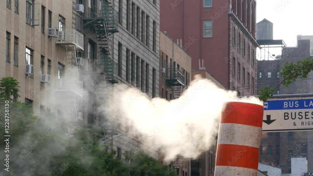 Steam vapor vented on New York City street, orange vapour tube stack ...