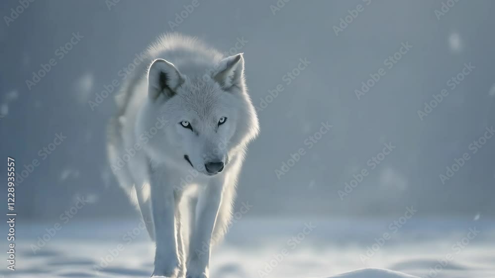A powerful white wolf moves through a frozen landscape, its piercing ...