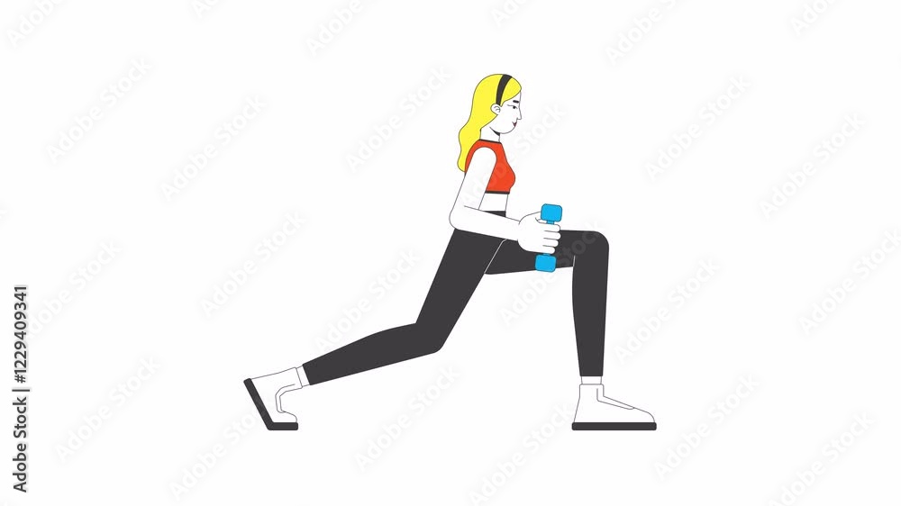 Blonde woman performing lunges while holding dumbbells 2D character ...
