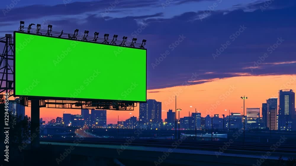 Large green screen chroma key billboard, sunset. Blank empty canvas for ...
