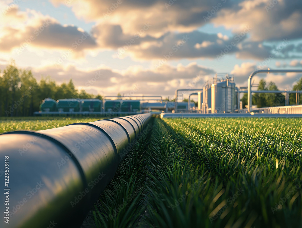 Clean methane gas released from biogas plant pipe among green fields ...