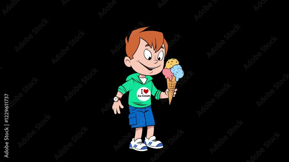 Boy eating Ice Cream. Looped cartoon animation of a cute redhead teen ...