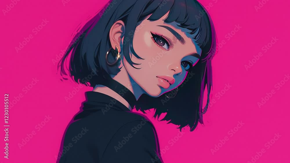 Animated anime girl with black hair and earrings blinking in a seamless ...