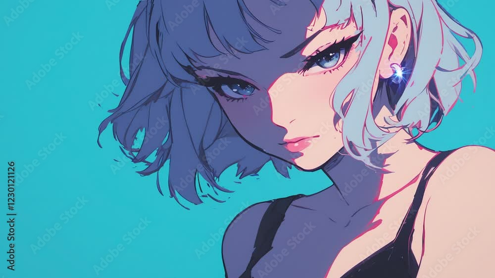 Animated anime girl with short blond hair and big earrings blinking in ...