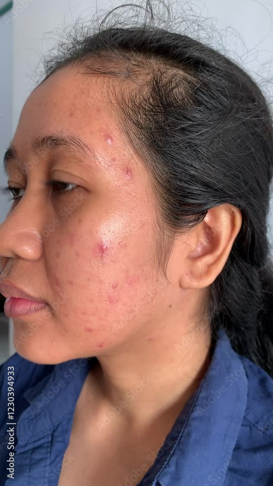 close up of a bare face with breakout face, acne prone skin texture ...