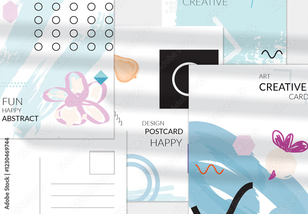 Postcard Layout with Hand Drawn Abstract Floral Doodles and Geometric ...