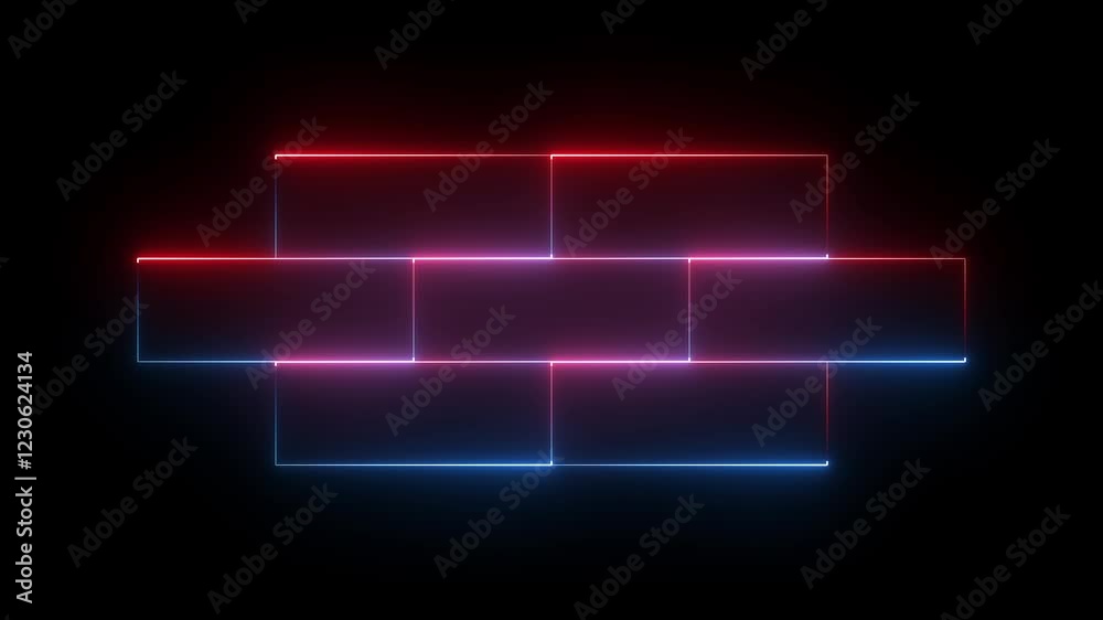 Rectangle animation by red and blue neon line on naught background. Moving neon rectangle frame ...