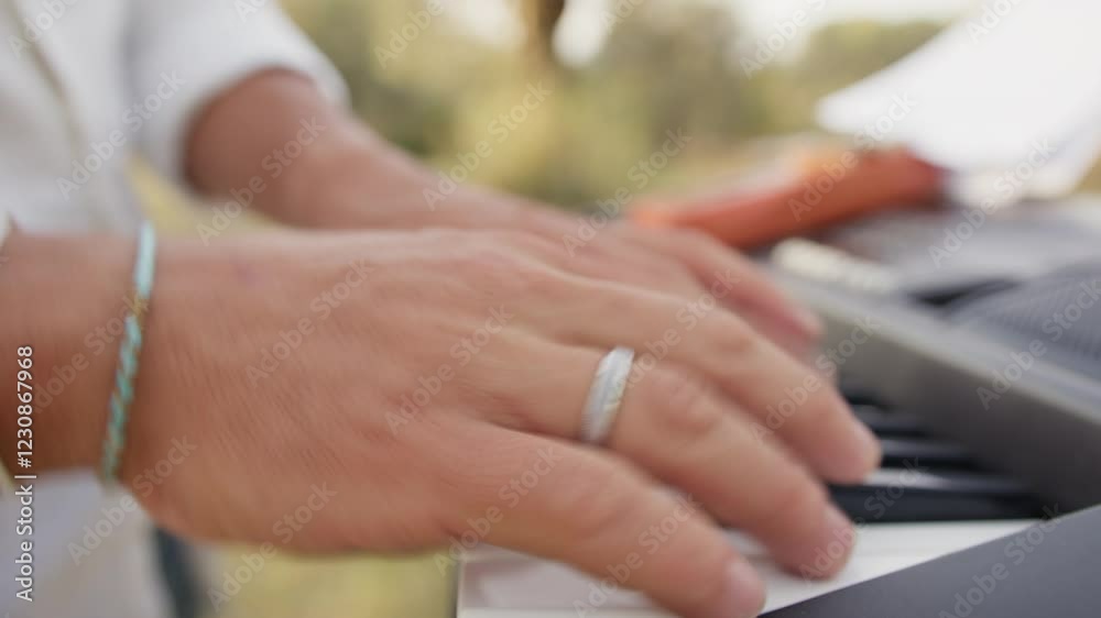 Hands Of Keyboard Player Practices With Major Scales And Chords Outdoor ...