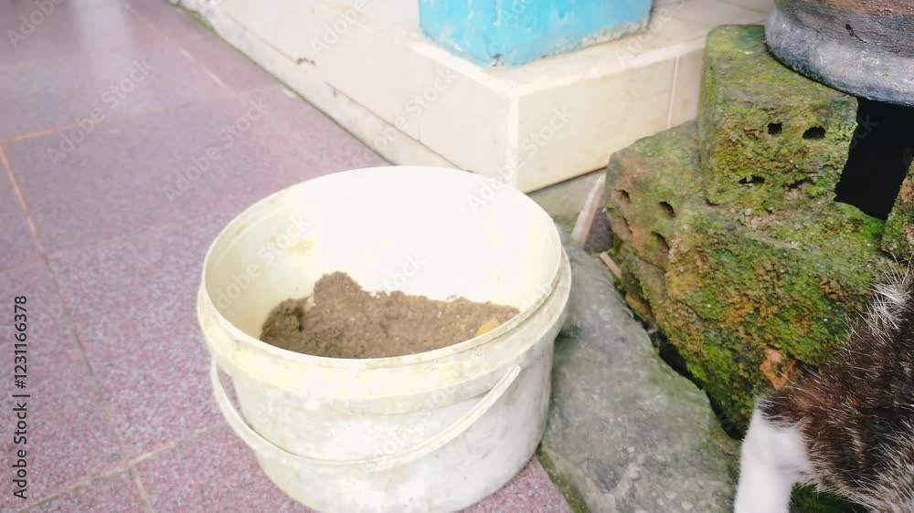 The cat is pooping. Cat poops in container. Stock Video | Adobe Stock