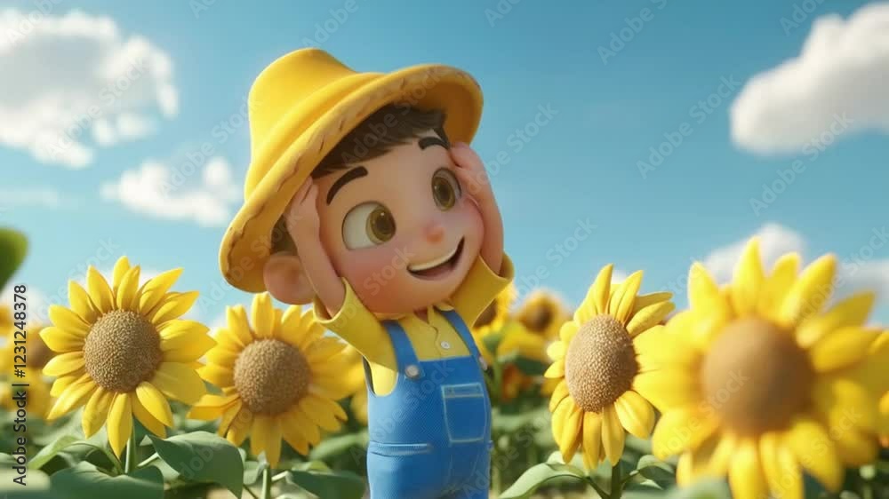 Animated scene of a child in a sunflower field, smooth repetitive ...