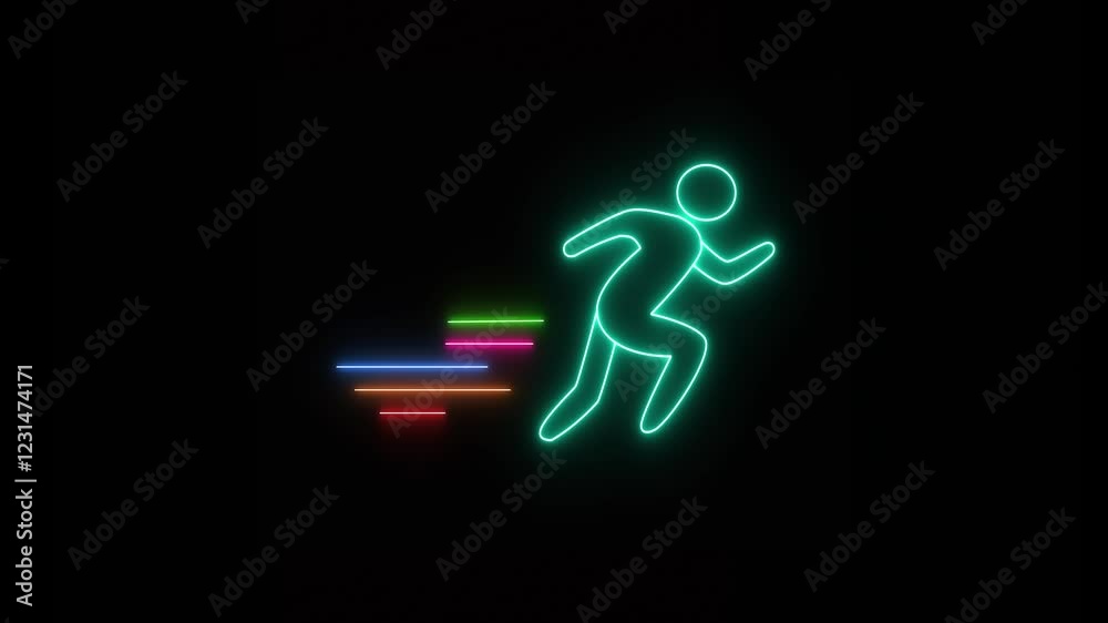 Glowing running man symbol animation on black background. Racing people ...
