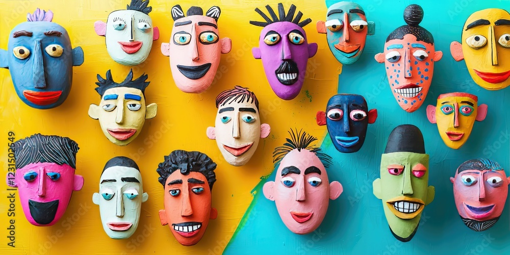 Poster A creative display of character faces with bold lines and ...