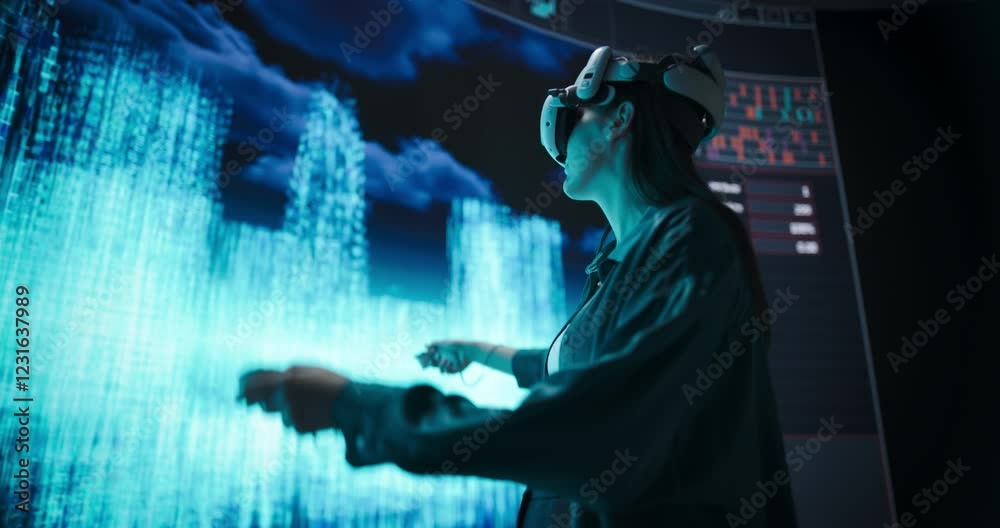 Young Woman in VR Headset Crafts Digital Cityscapes on a Large Screen ...