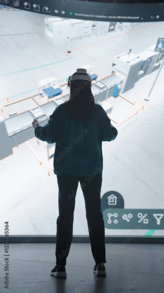 Vertical Screen: Female Designer in Virtual Reality Headset Crafts an ...