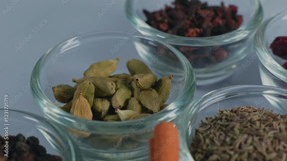 different types of whole spices Cinnamon stick, Black pepper, Caraway ...