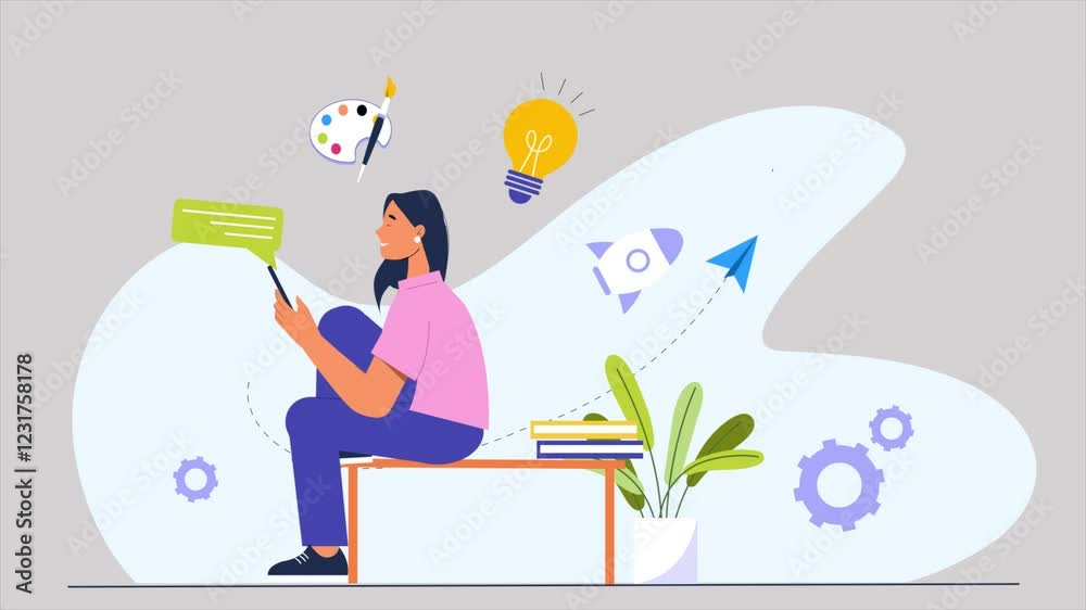 2D Woman Sitting on a Bench with Laptop and Light Bulb, Business ...