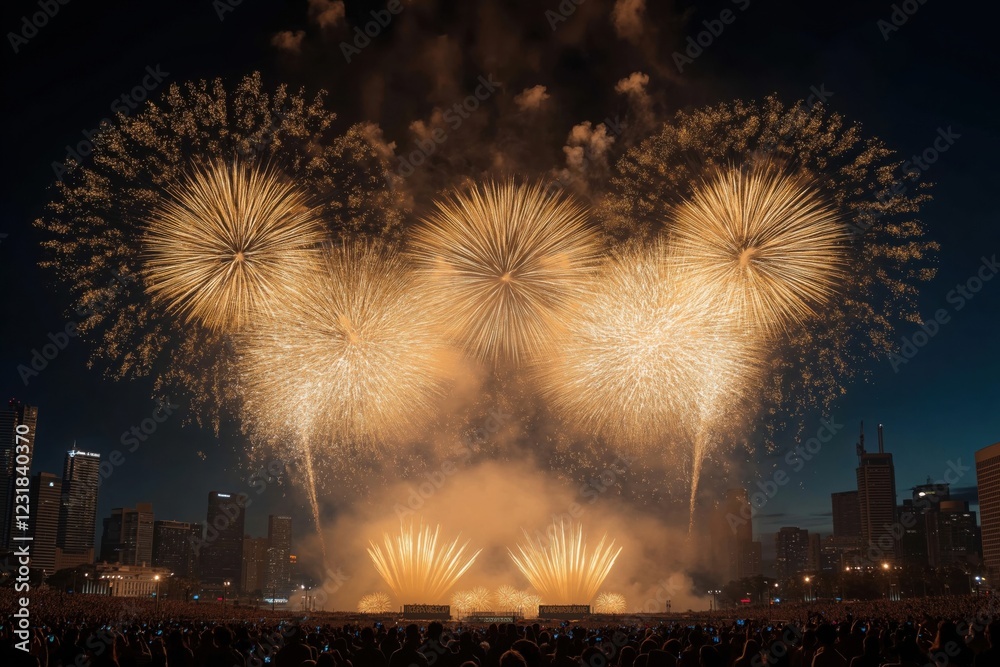 Photo & Art Print Spectacular fireworks extravaganza illuminating urban ...