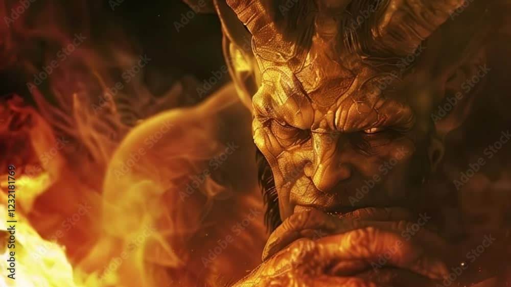 Scary sinister devil is in hell with dramatic bright fire lighting ...