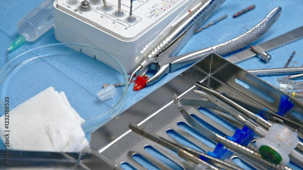 A dentist's table prepared for extraction with sterile utensils. Tooth ...