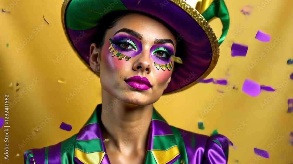 Mardi gras background with A woman in a purple hat and makeup is posing ...