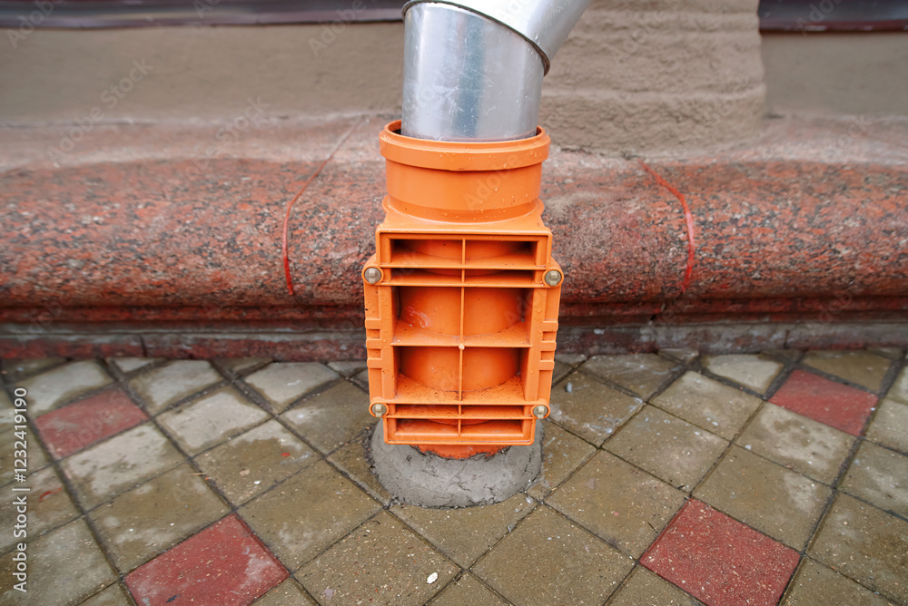 Poster Building rainwater drainage system with metal and plastic ...