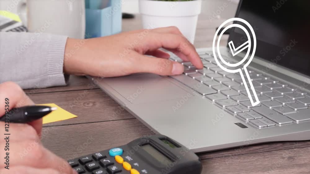 Woman's work desk with virtual check mark icon reviewed by a magnifying ...