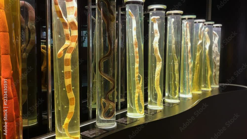 Various snakes in large glass tubes at the Snake Garden Museum of ...