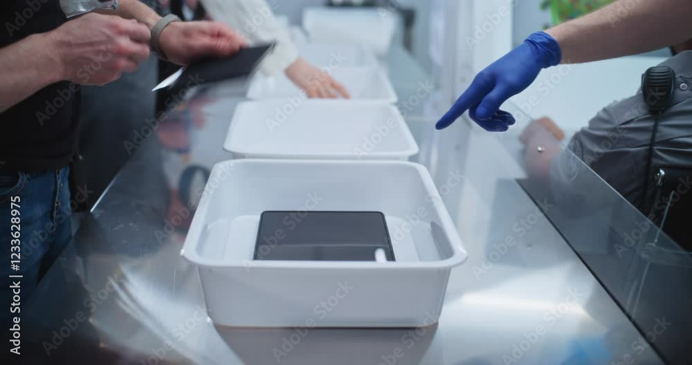 Airport Security Checkpoint during Boarding Flight. Diverse People Put ...