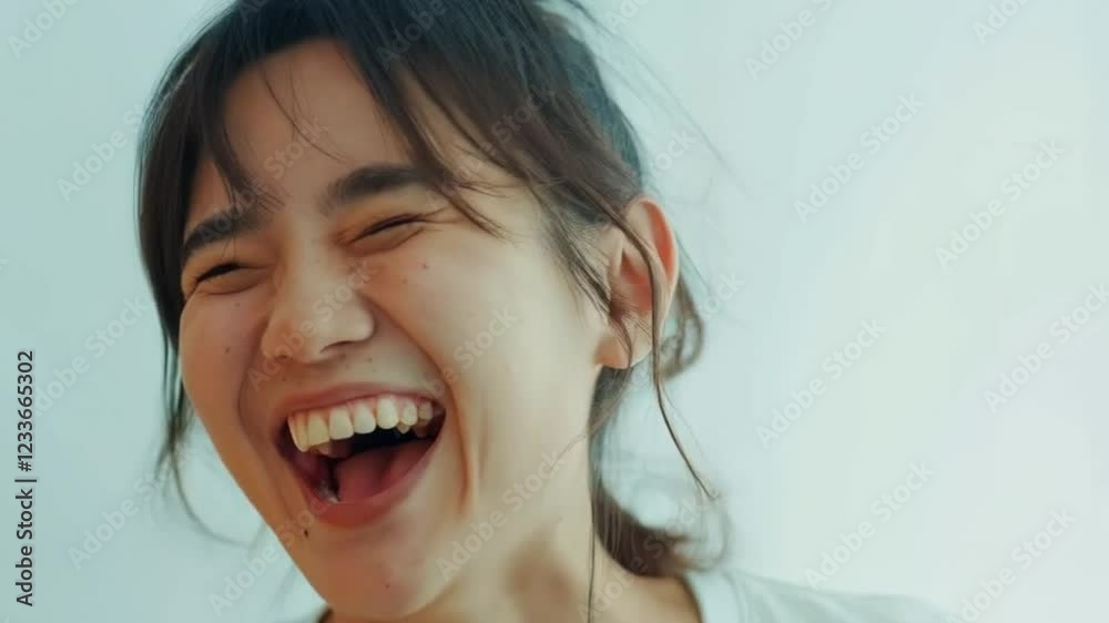 An Asian Woman Bursts Into Loud Laughter Looking Up Slightly With