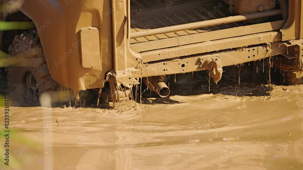 A close-up of an off-road vehicle stuck in a muddy puddle, with water ...