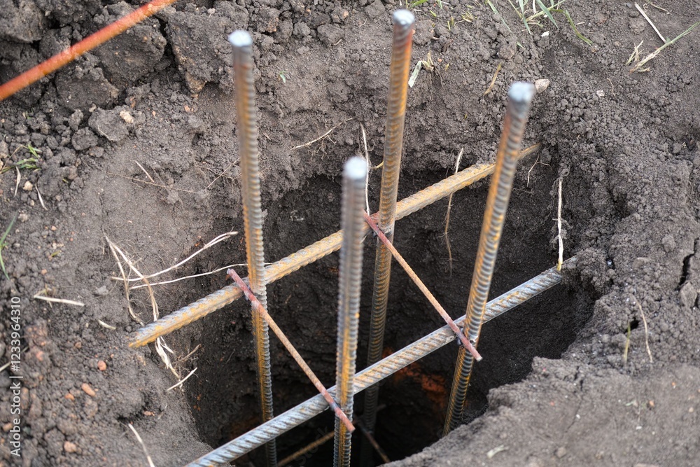 Poster Rebar installed in the hole in the ground for the foundation of ...
