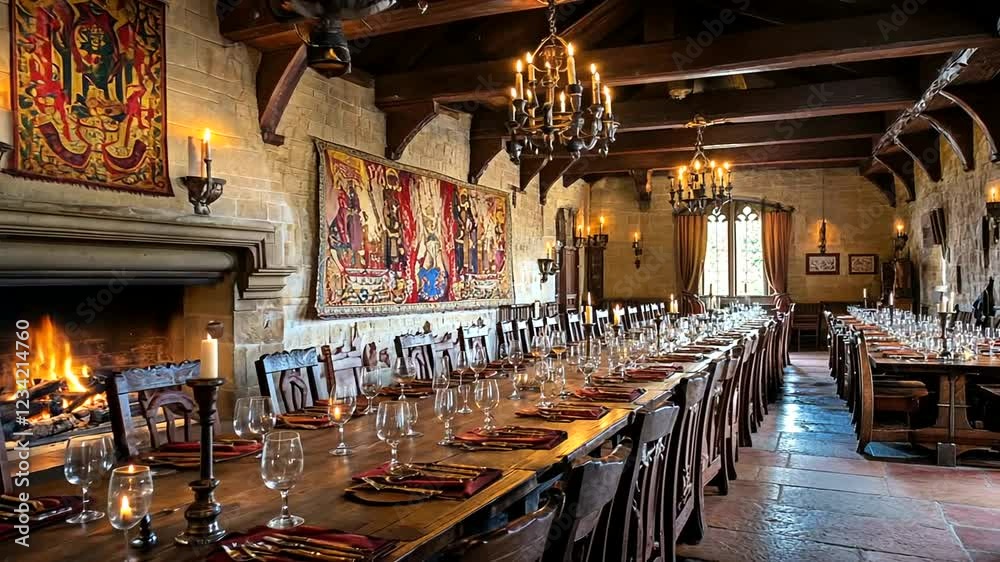 Medieval Banquet Hall, Feast, Castle Interior, Long Table Setting, Cozy ...