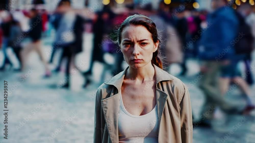 Sadness and isolation engulf a young woman as she stands still amidst a ...