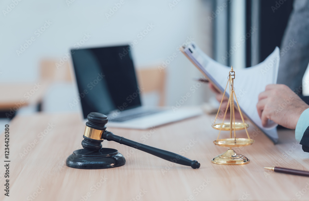 Poster Scales of Justice: A gavel rests beside a scale of justice ...