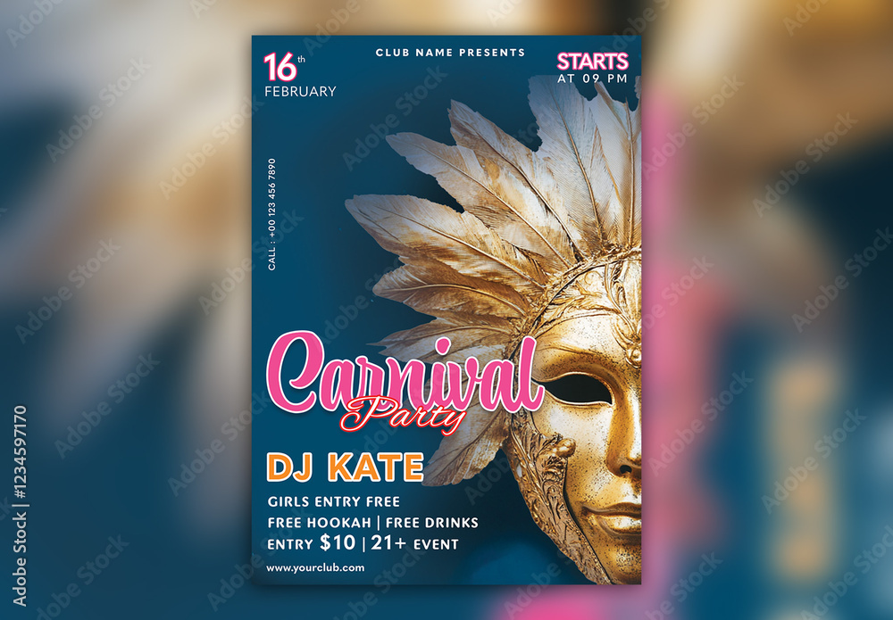Editable Carnival Party Flyer or Poster Template with Golden Feather ...