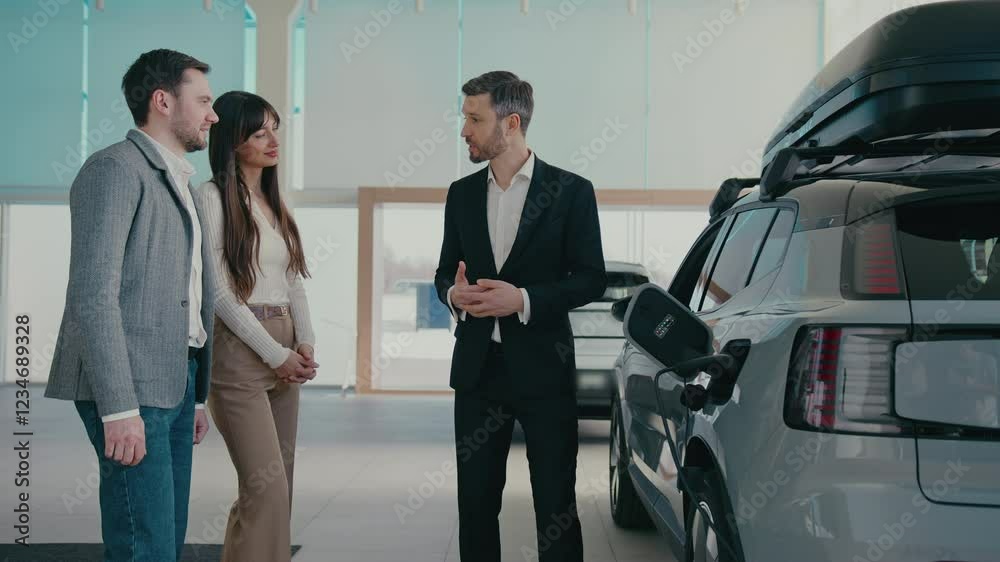 Caucasian husband and wife standing next to sales manager at car ...