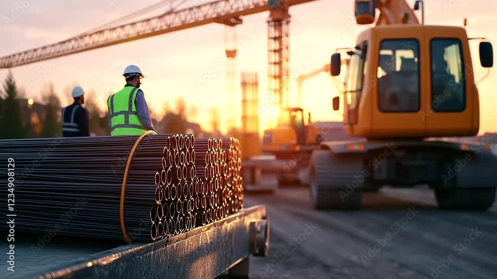 Steel rebar bundles in uniform rows on a flatbed trailer at a ...