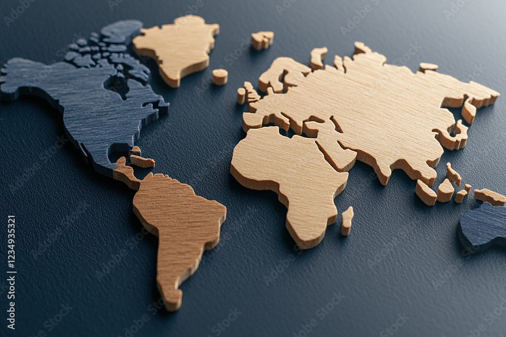 Photo & Art Print wooden world map with segmented continents on dark ...