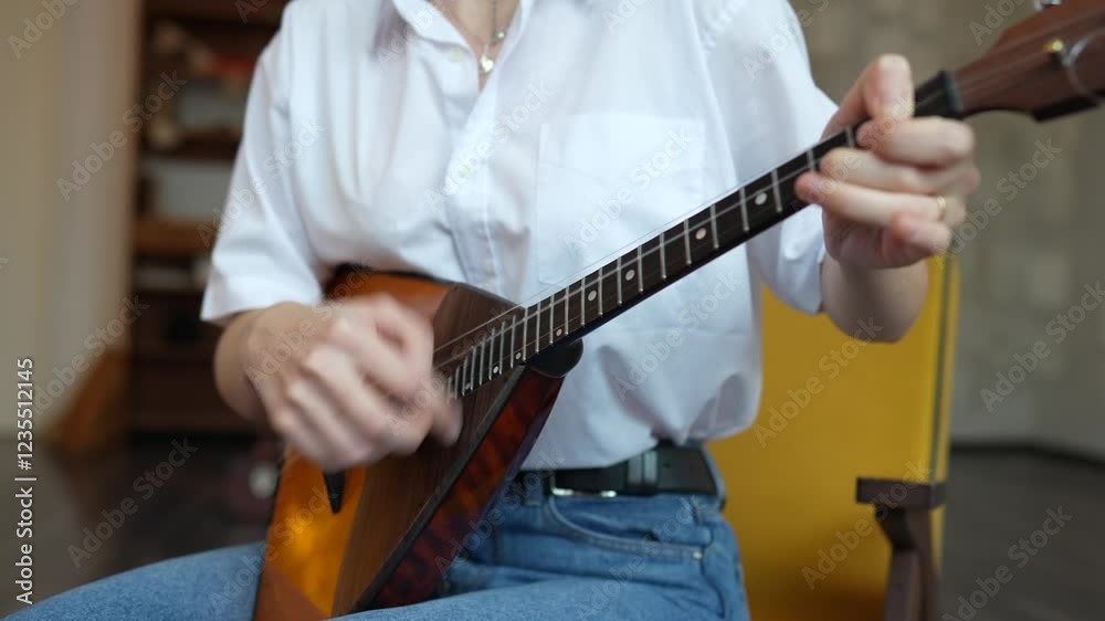 Girl playing acoustic balalaika swiftly with plucking motion at home ...