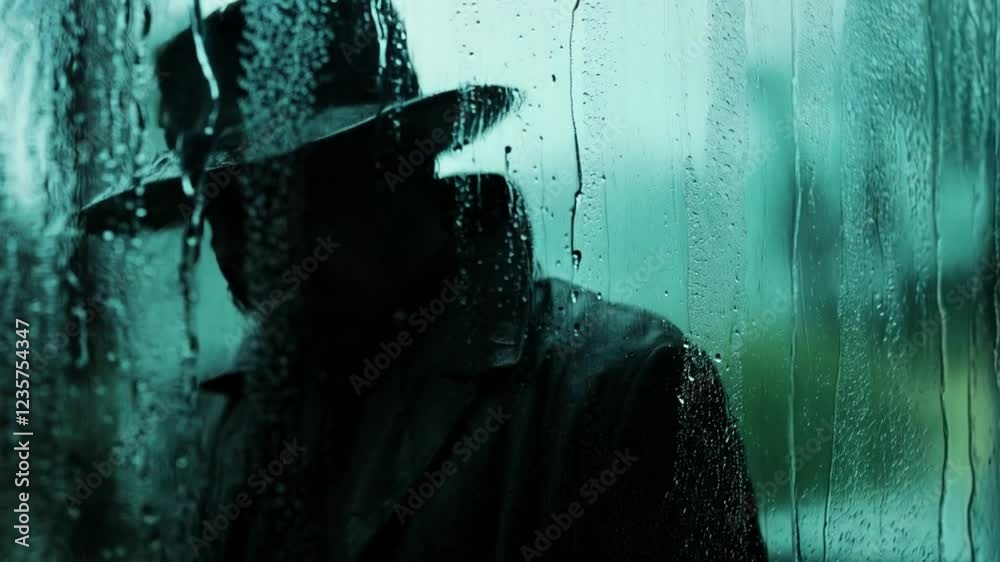 Scene of mysterious man behind window in rain, smooth repeating motion ...