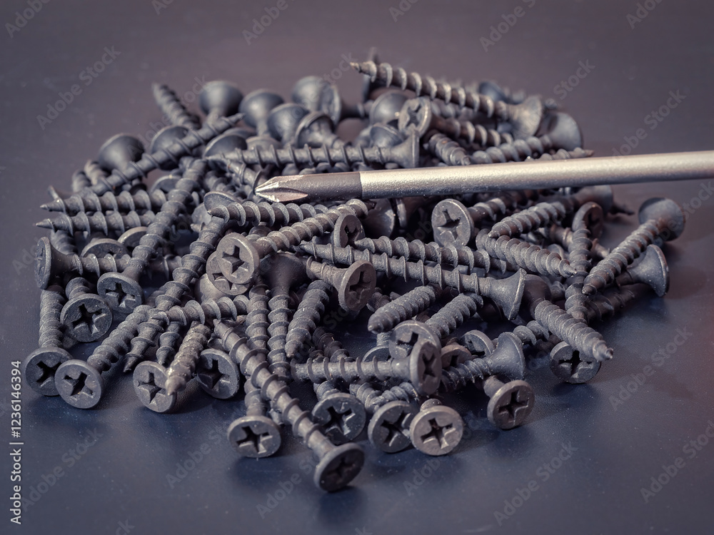Poster Heap of black self-tapping screws for drywall and screwdriver ...