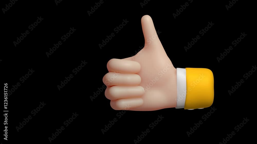 Seamless 4K loop of thumbs up hand gesture in yellow sleeve. 3D emoji ...