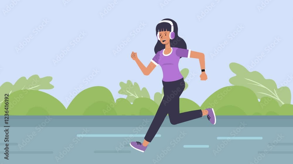 Girl Teenage Jogging Running On Park Wearing HeadPhone with Smartwatch ...