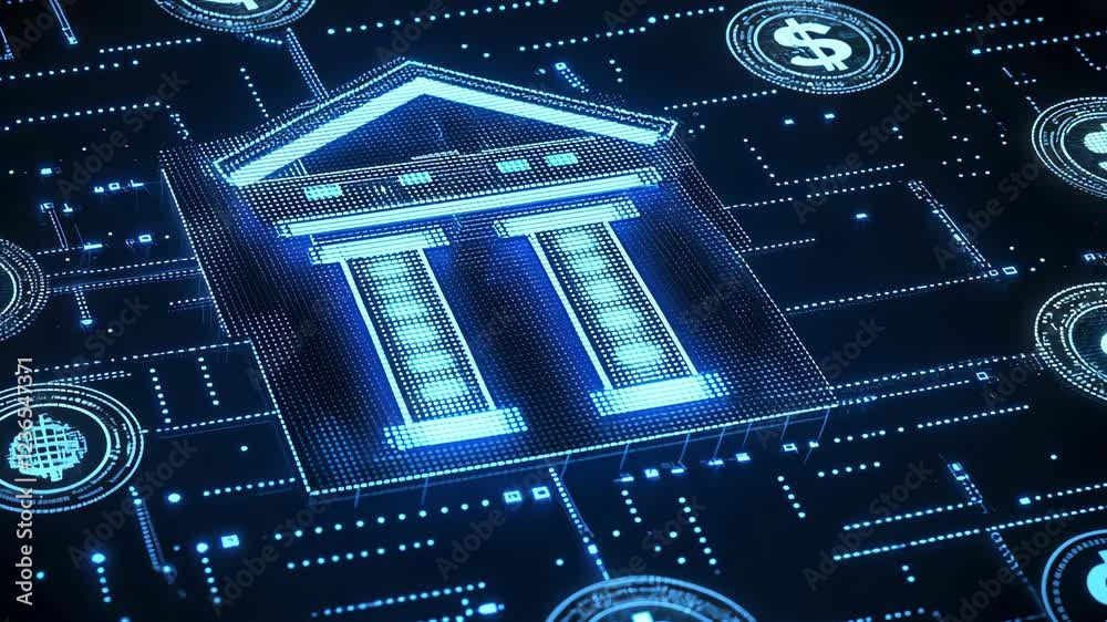 Digital banking institution represented through illuminated ...