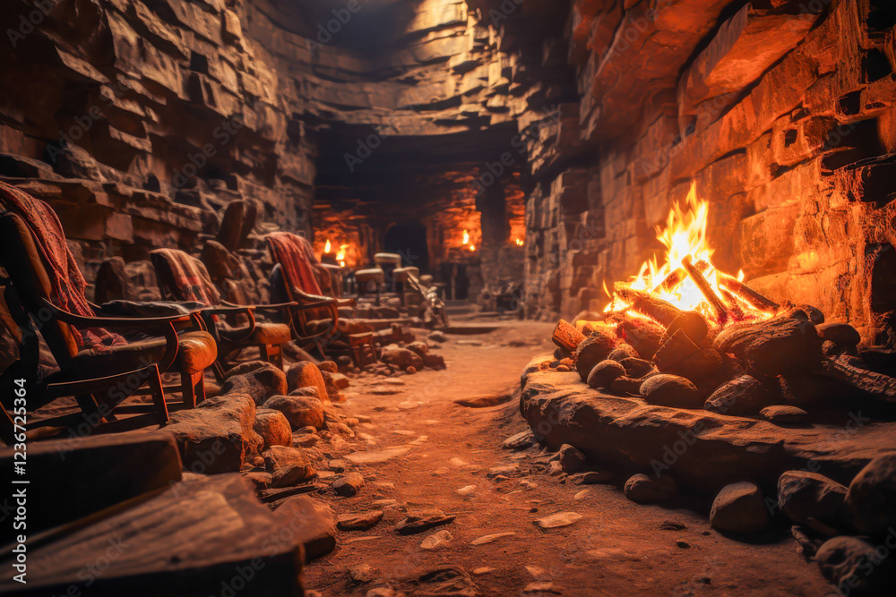 Poster Campfire warmth fills an underground tunnel as flickering flames ...