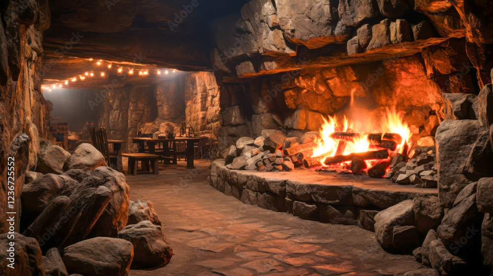 Poster Campfire warmth fills an underground tunnel as flickering flames ...