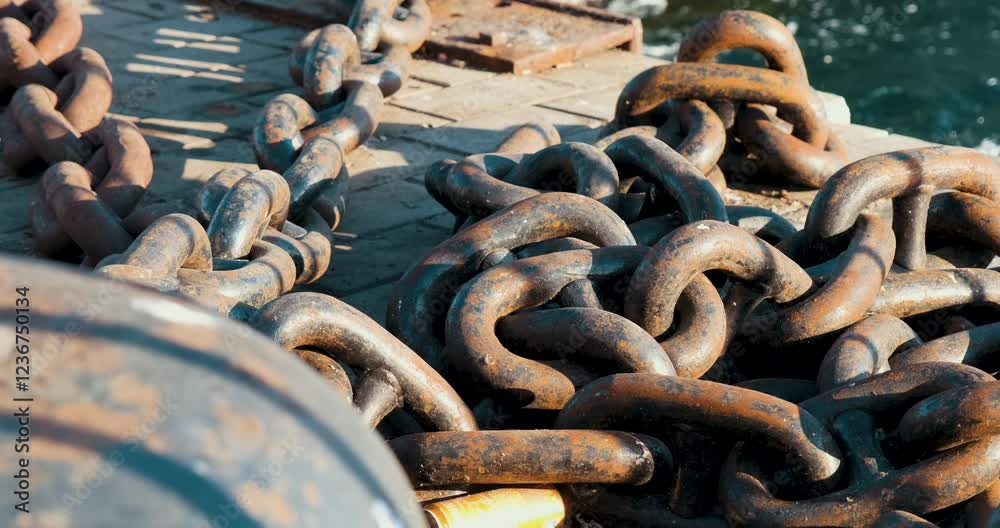 Large rusty ship chains and metal mooring blocks seen from a detailed ...