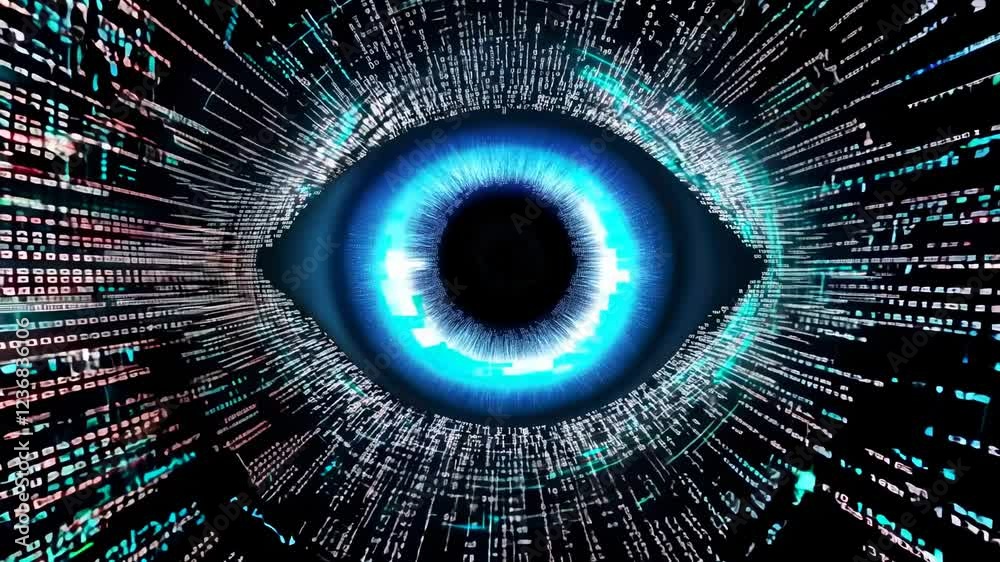 Futuristic AI-powered digital eye composed of glowing binary code. Concept of artificial ...